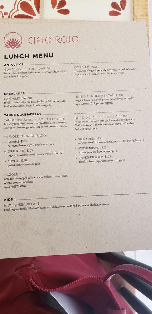 Menu at Cielo Rojo Restaurant, Takoma Park