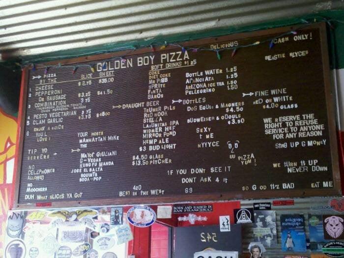 Menu at Golden Boy Pizza pizzeria, San Francisco, 542 Green St