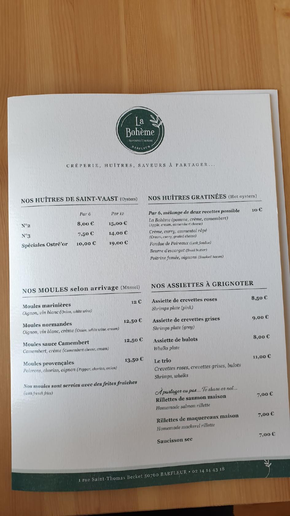 Menu au La Bohème restaurant, Barfleur
