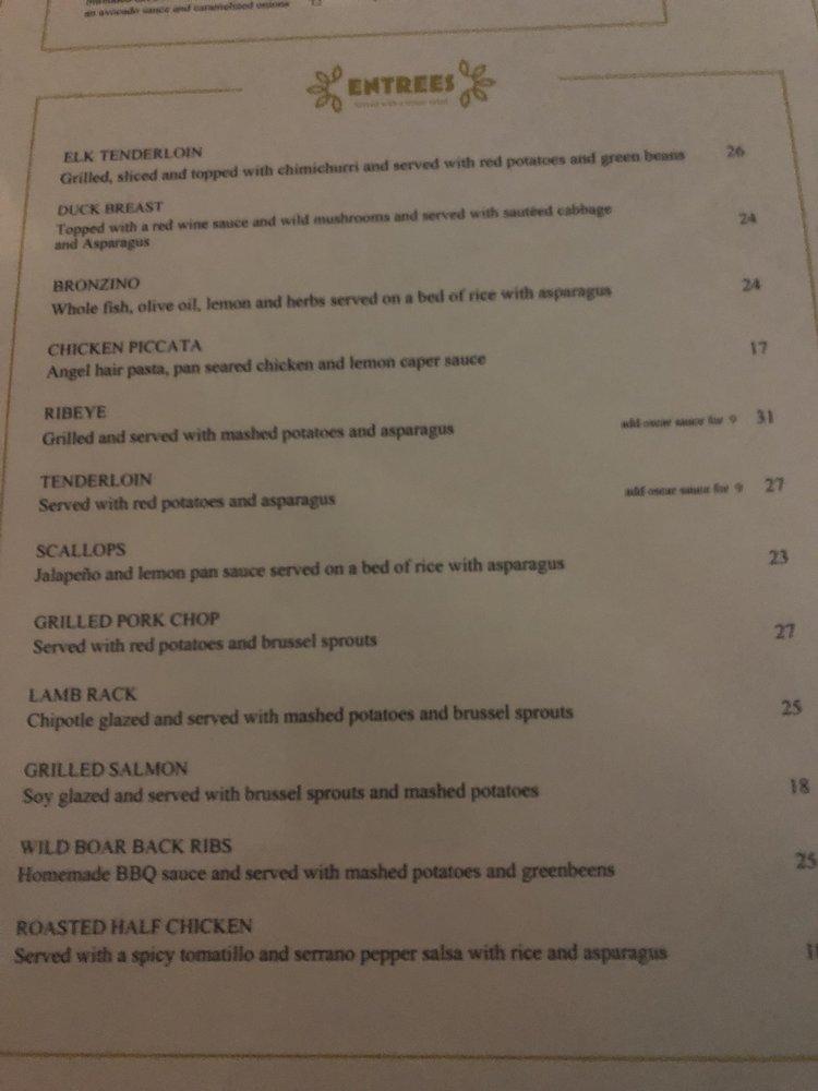 Menu at Park Tavern restaurant, El Paso