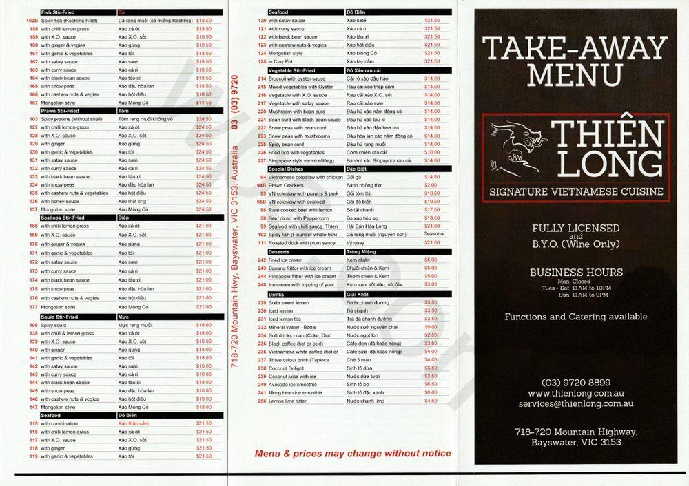 Menu at Thiên Long Restaurant, Bayswater