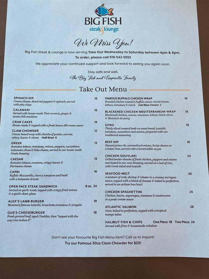 Menu at Big Fish Steak & Lounge steakhouse, Sarnia