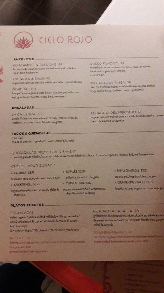 Menu at Cielo Rojo Restaurant, Takoma Park