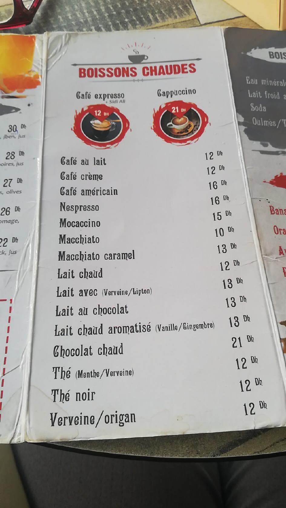 Menu au Espace Paloma café, Casablanca