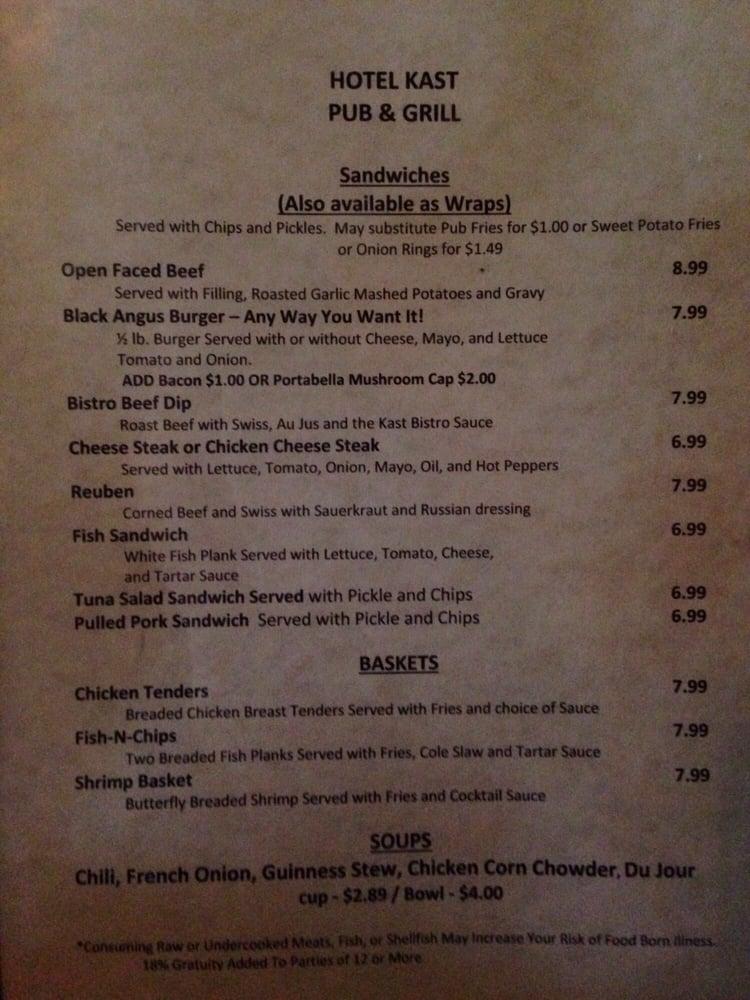 Menu at Hotel Kast pub & bar, Williamsport, 723 Arch St #5617