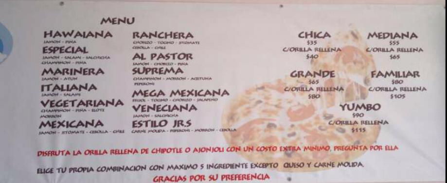 Menu at JR'S Pizzas restaurant, Guadalajara