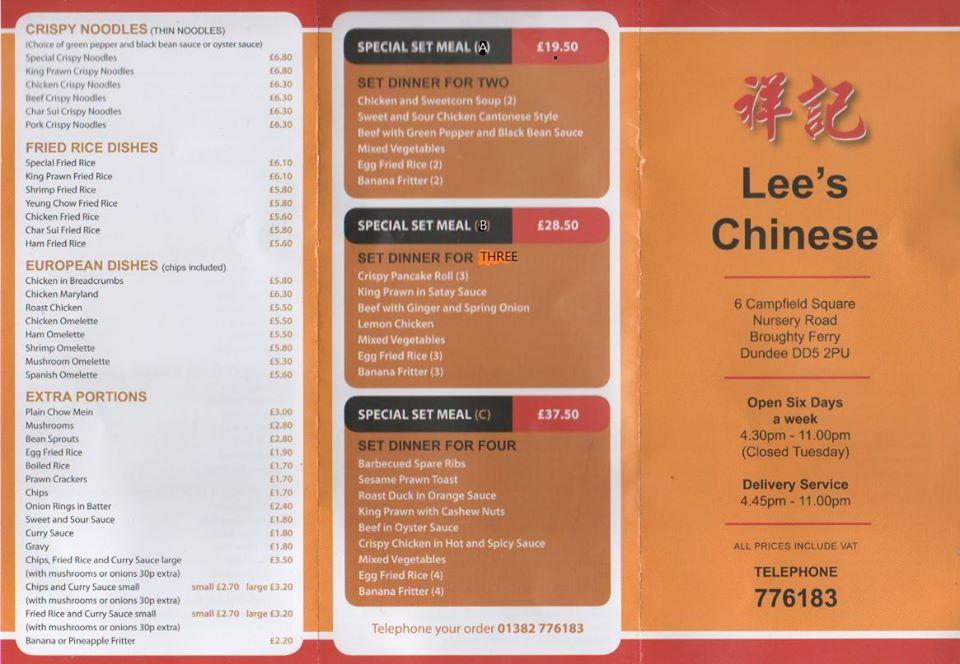 Menu at Lee's Chinese restaurant, Dundee