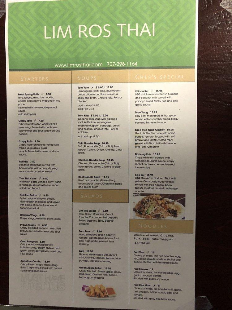 Menu at Lim Ros Thai restaurant, Benicia