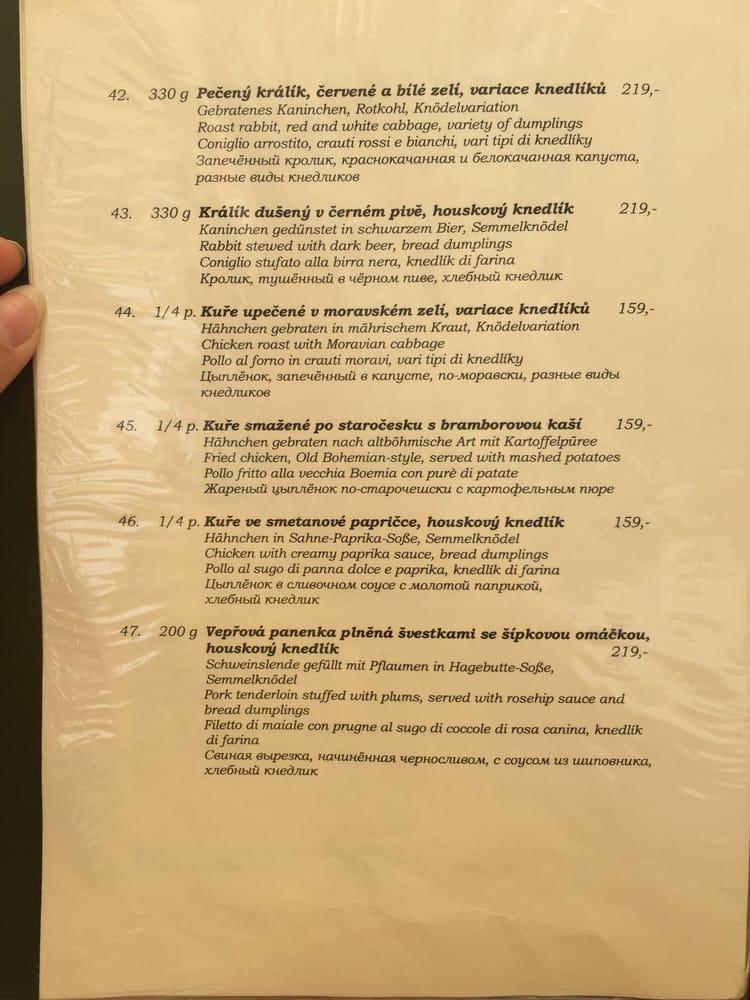 Menu at Restaurace Špalíček restaurant, Brno