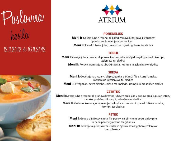 Menu at Atrium restaurant, Ljubljana