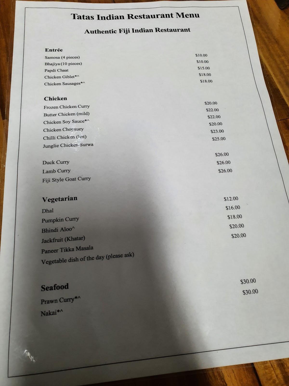Menu at Tatas Indian Restaurant, Rooty Hill