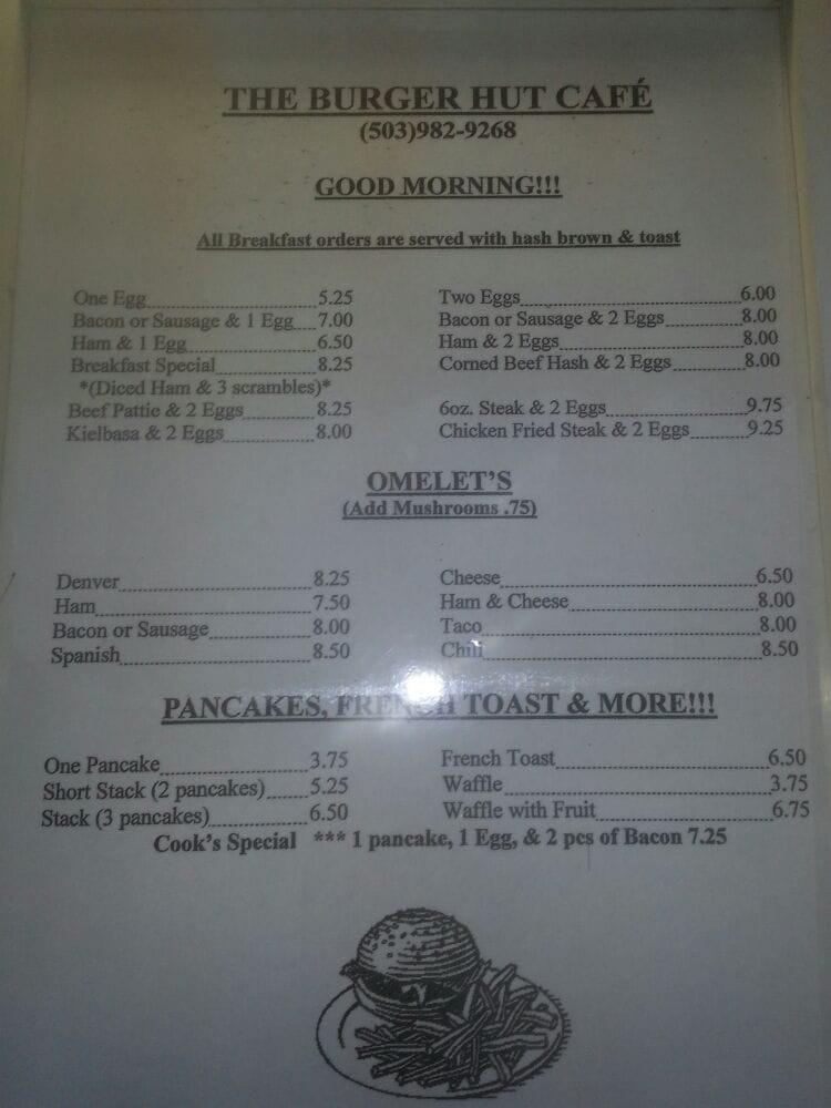 Menu at Burger Hut cafe, Hubbard