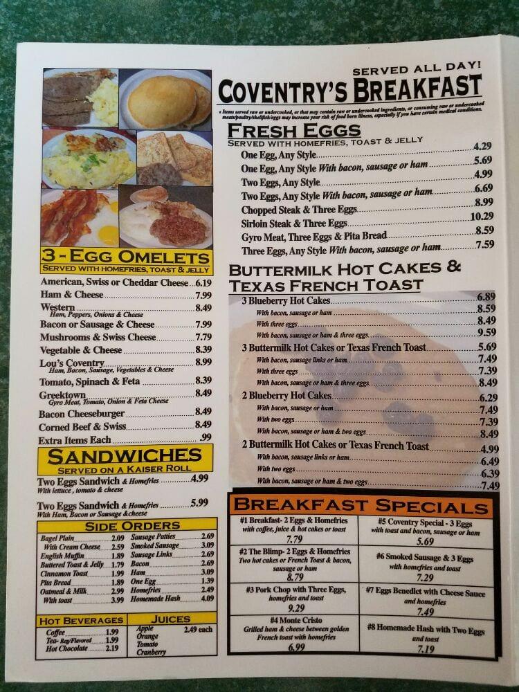 Menu at Coventry Diner restaurant, Akron