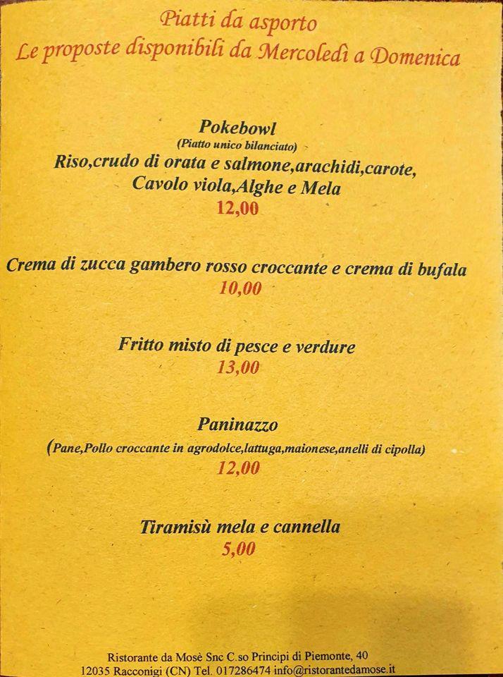 Menu at Da Mosé restaurant, Racconigi