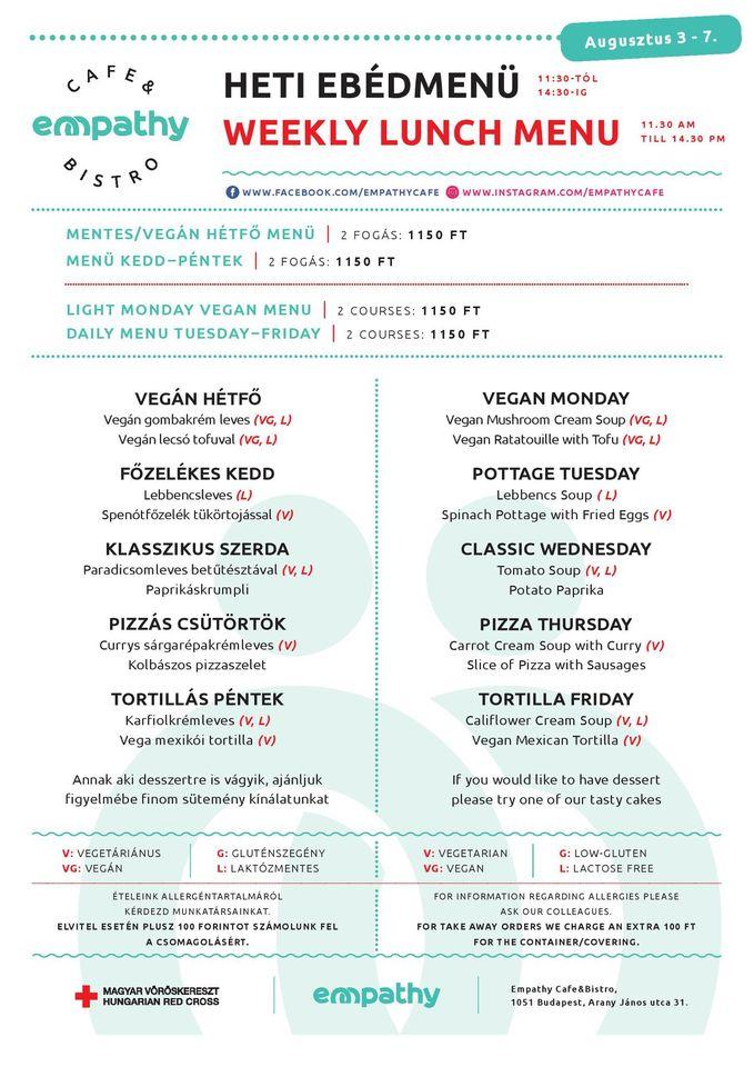 Menu at Empathy Cafe & Bistro, Budapest