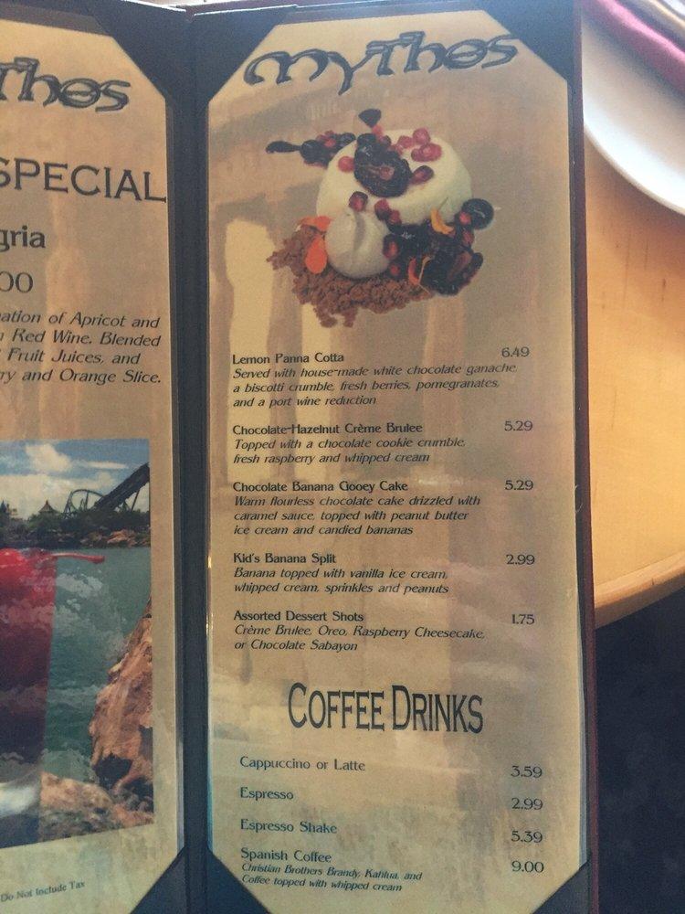 Menu at Mythos Restaurant, Orlando