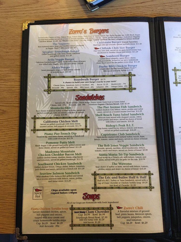 Menu at Zorro's Cafe & Cantina, Pismo Beach