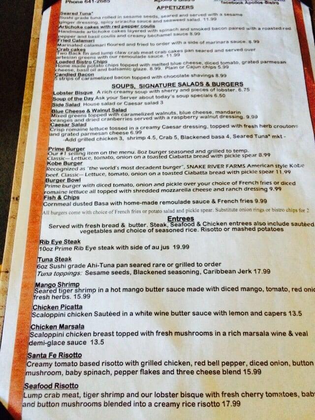 Menu at Apollo's Bistro pub & bar, Apollo Beach