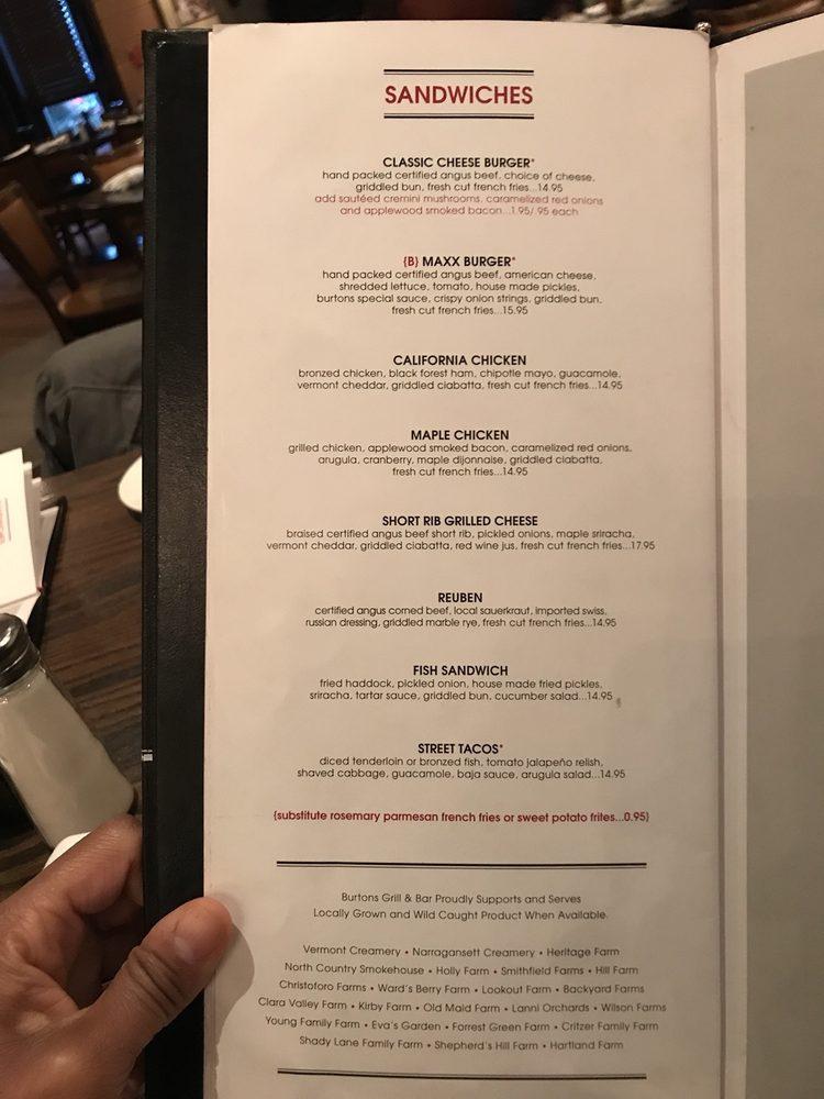 Menu at Burtons Grill & Bar, Burlington