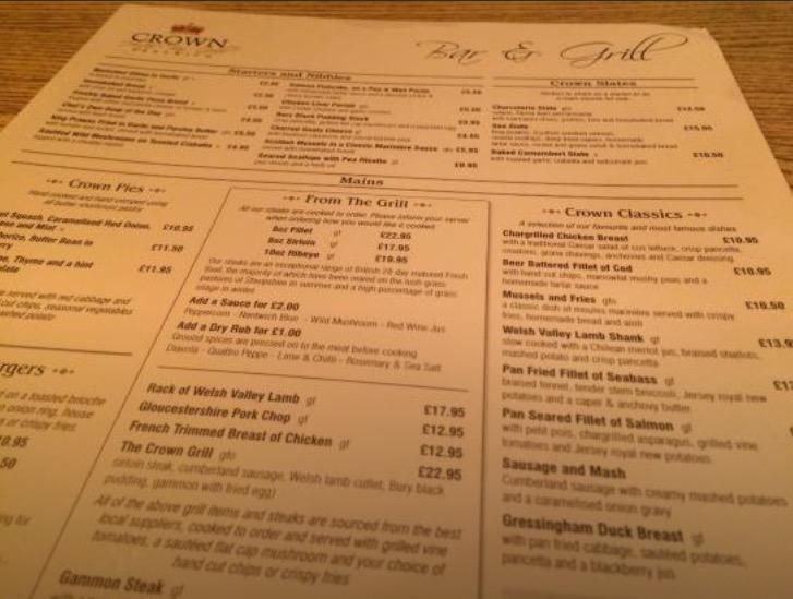 Menu at Crown Hotel, Bar & Grill, Nantwich