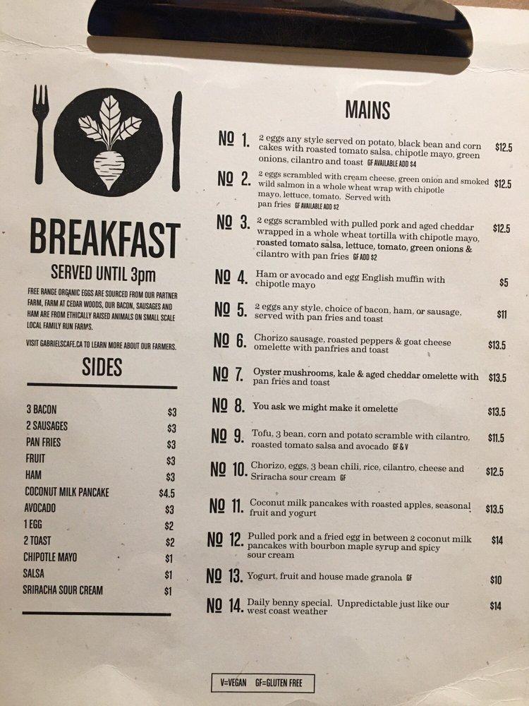 Menu at Gabriel's Cafe, Nanaimo