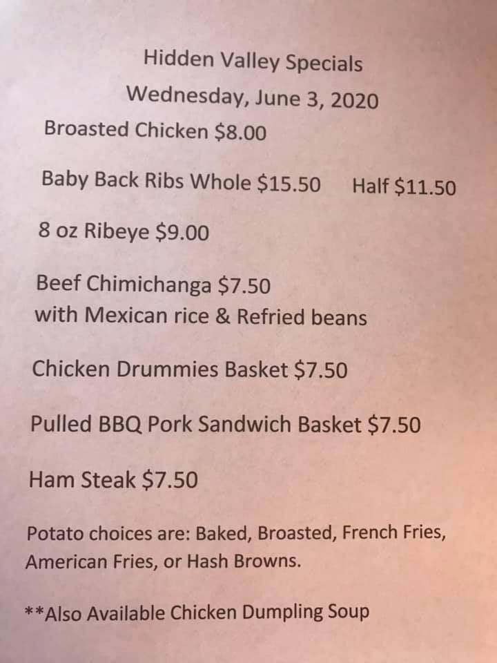 Menu at Hidden Valley Supper Club, USA