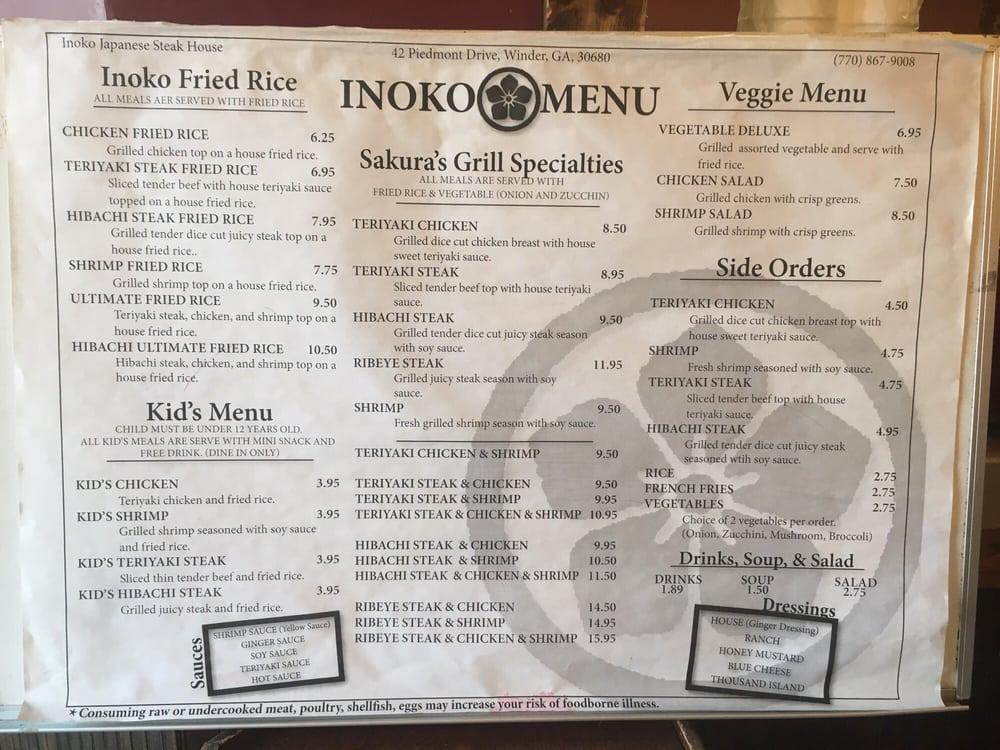 Menu at Inoko Japanese Steakhouse, Winder