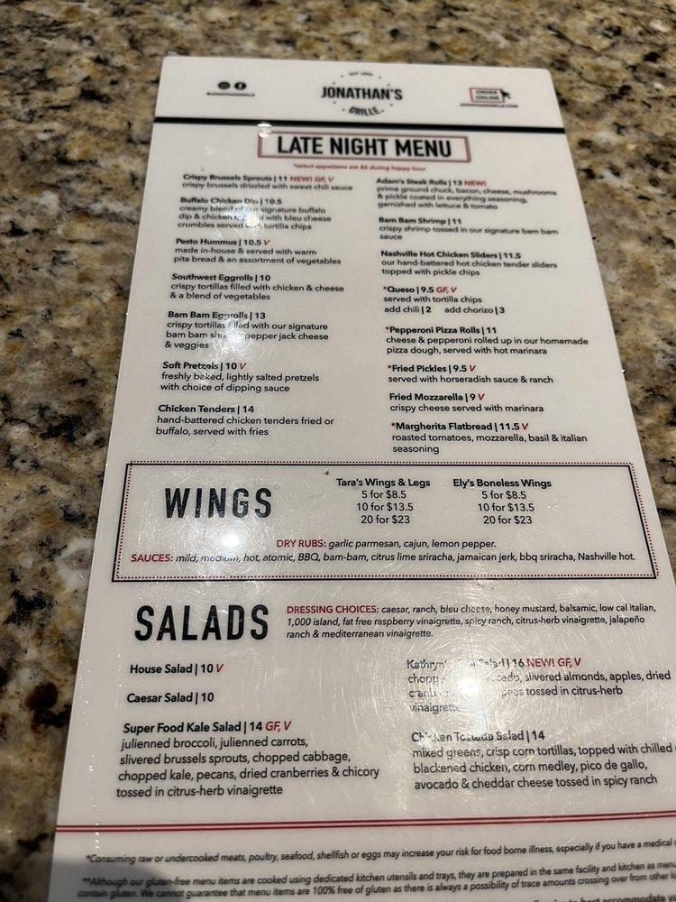Menu at Jonathan's Grille pub & bar, Nashville, 717 3rd Ave N