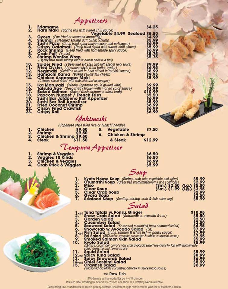 Menu at Kyoto Japanese Cuisine restaurant, DeRidder