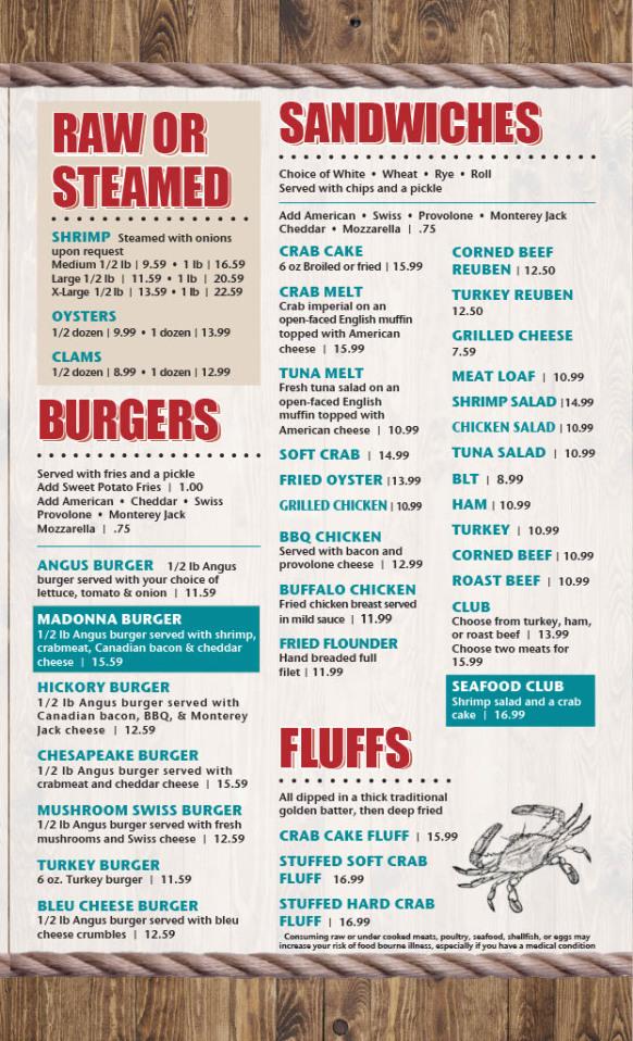 Carta de Madonna Seafood Restaurant, Estados Unidos