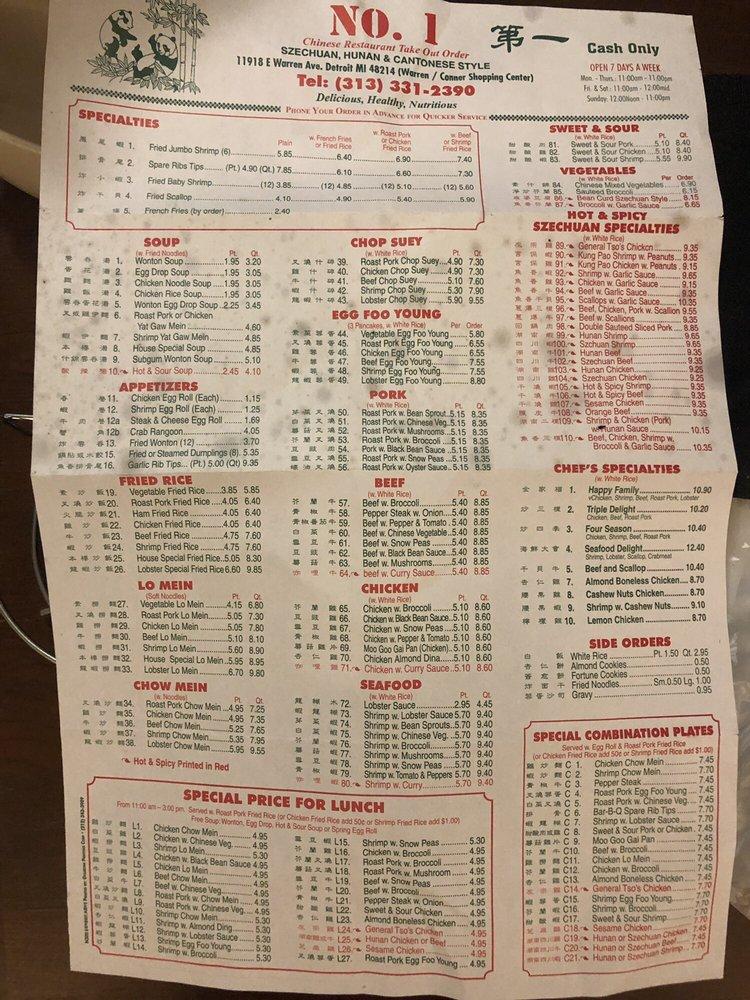 Menu at Number One Chinese restaurant, Detroit