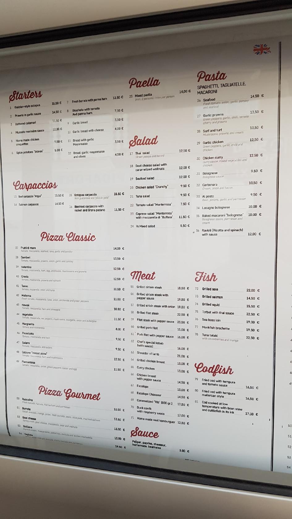 Menu at RESTAURANTE MÓNACO, Can Picafort