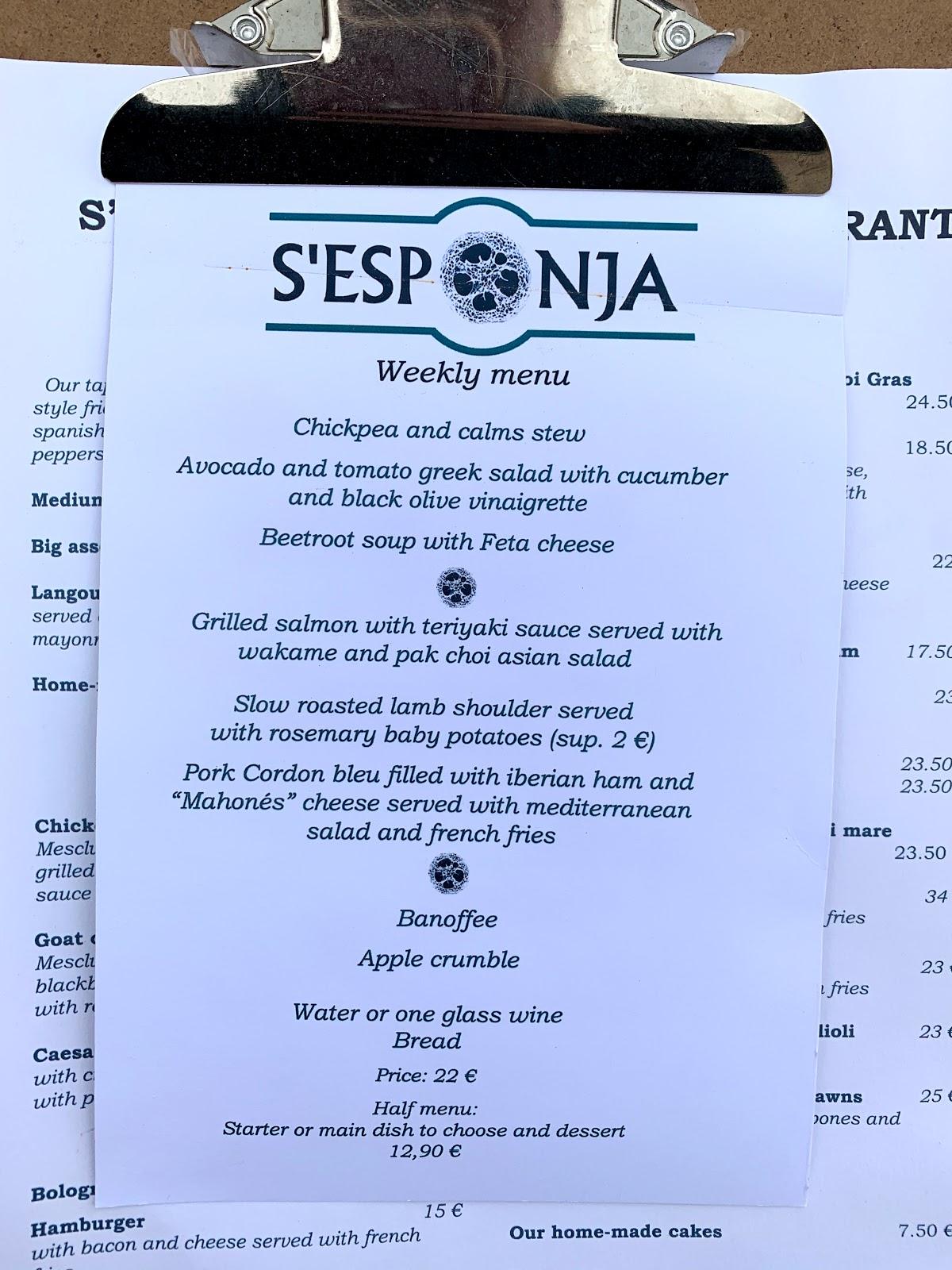 Menu at S'Esponja Beewi restaurant, Portals Nous
