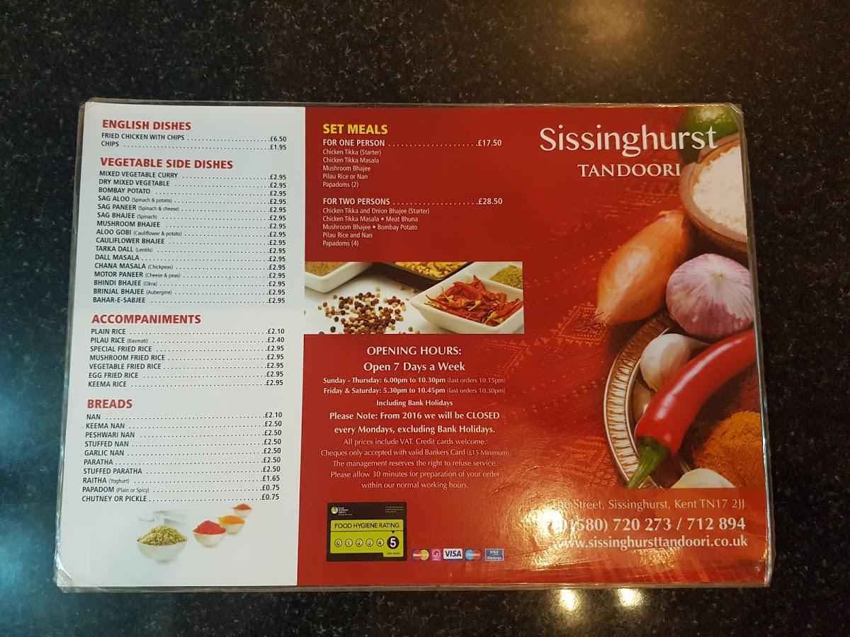 Menu at Sissinghurst Tandoori restaurant, Cranbrook