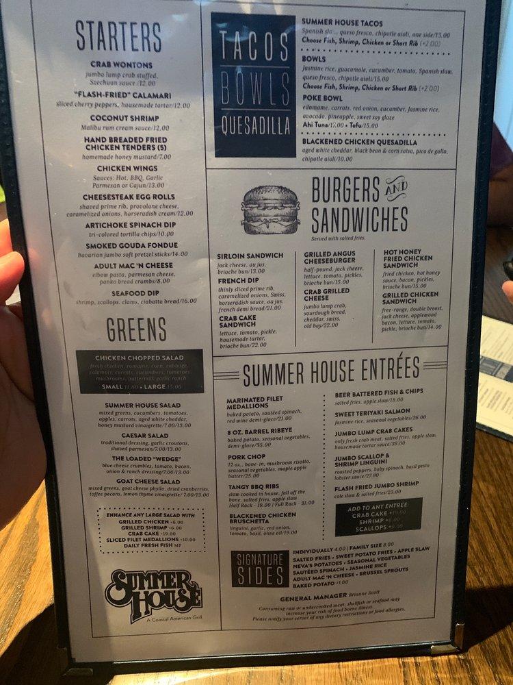Menu at Summer House steakhouse, Rehoboth Beach