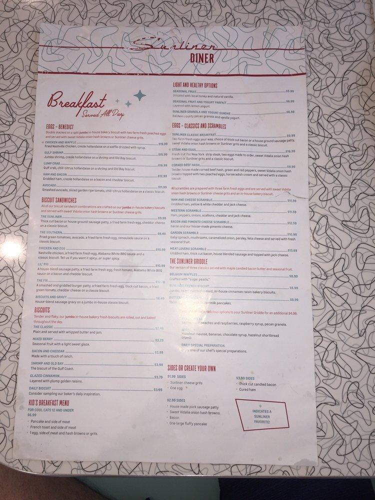 Menu at Sunliner Diner restaurant, Gulf Shores