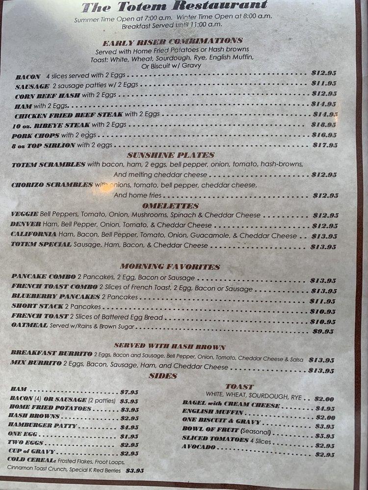 Menu at Totem Cafe, Lone Pine