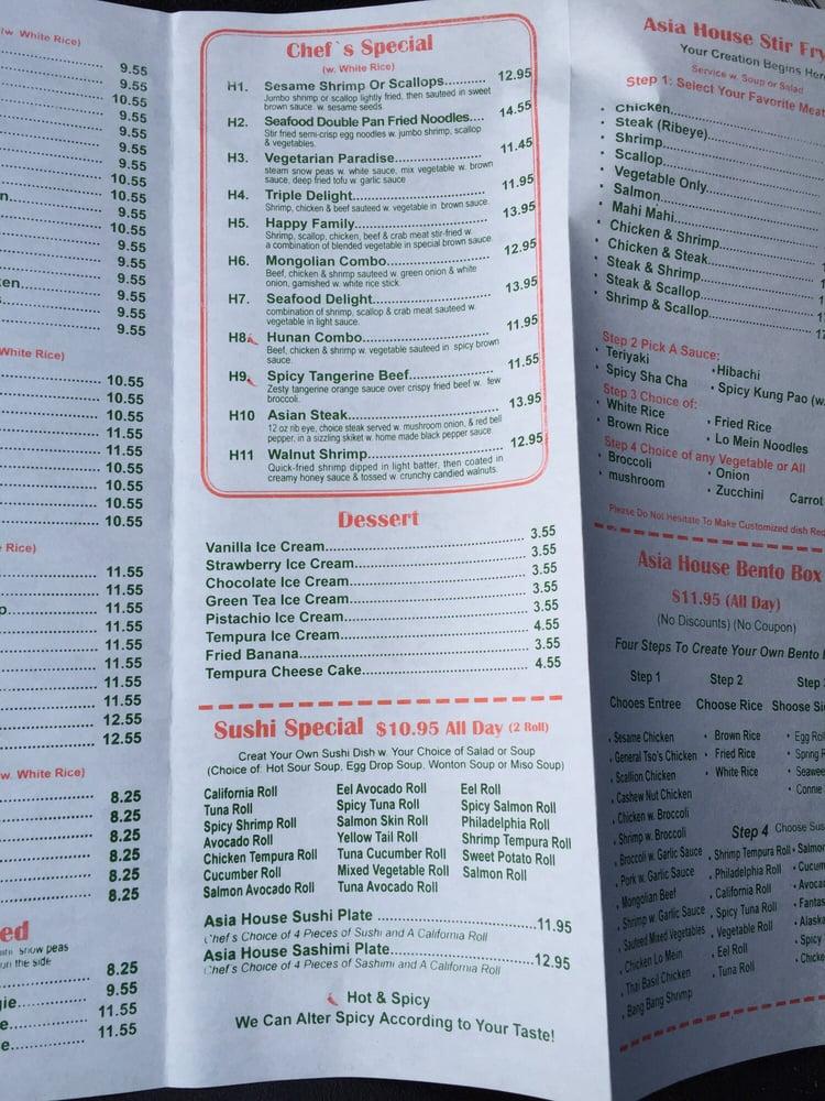 Menu at Asia House restaurant, Toccoa