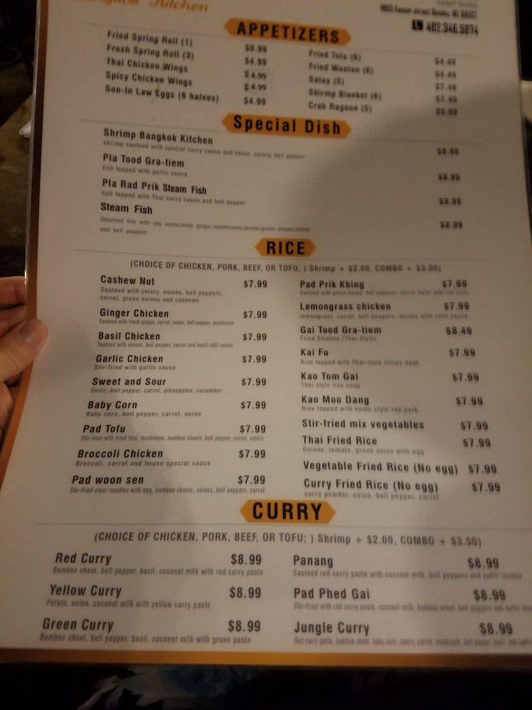 Menu at Bangkok Kitchen restaurant, Omaha