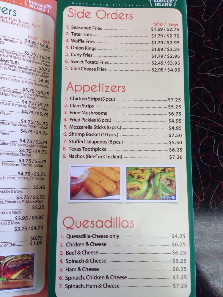 Menu at Burger Island restaurant, Garland, W Buckingham Rd