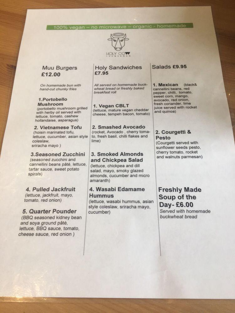 Menu at Holy Cow pub & bar, Edinburgh