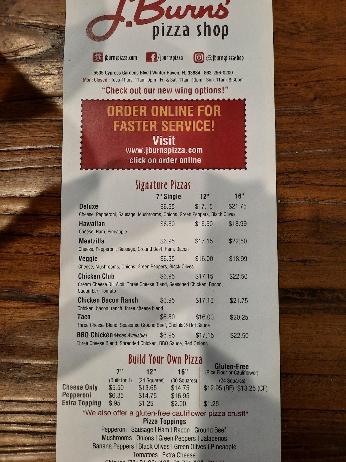 Menu at J. Burns' Pizza Shop pizzeria, Winter Haven