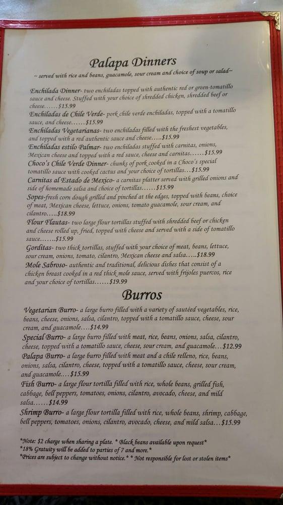 Menu at La Palapa restaurant, Baywood-Los Osos