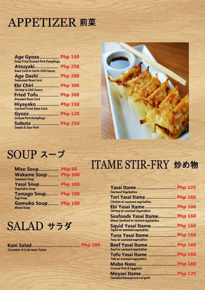 Menu at Manzoku Japanese Restaurant, Davao City