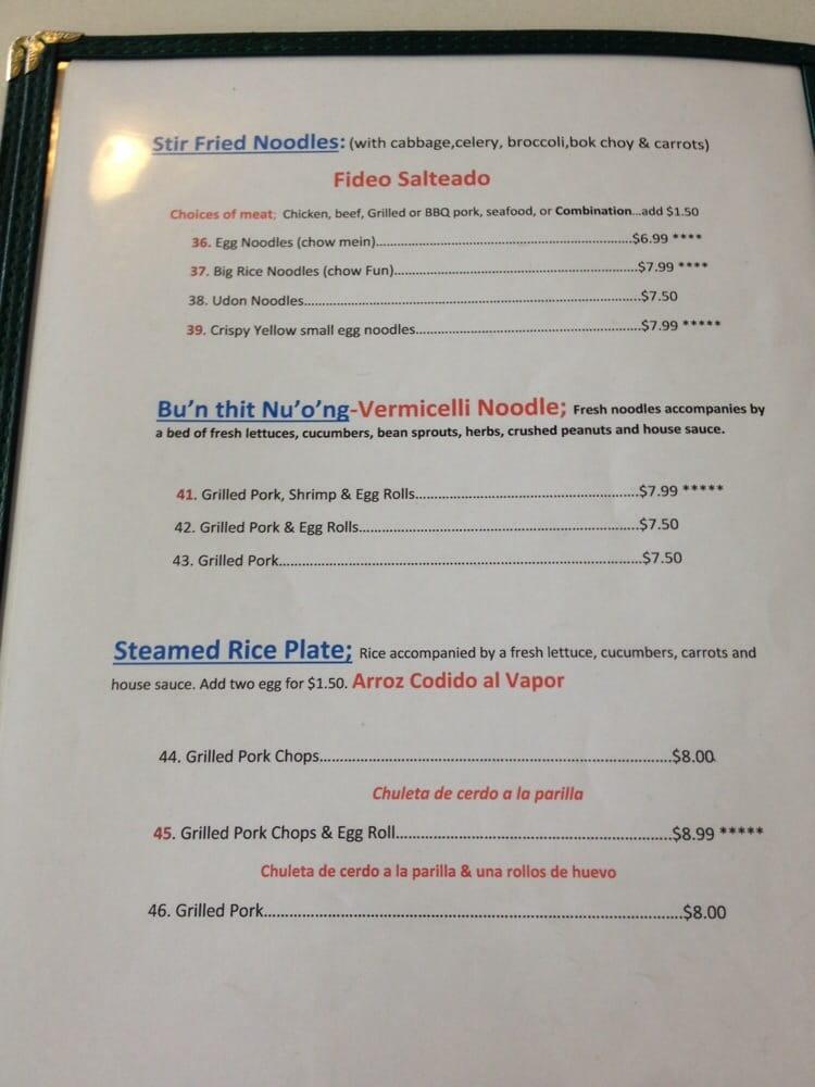 Menu at Pho'Dera restaurant, Madera
