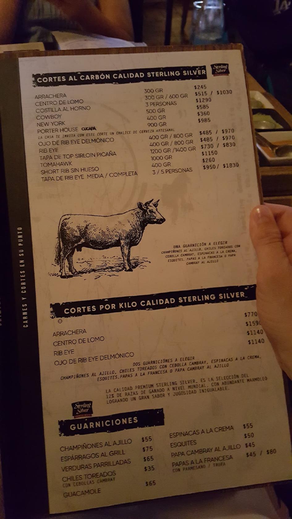 Menu at Sonora Grill steakhouse, Mexico City, Av. Coyoacán 1955