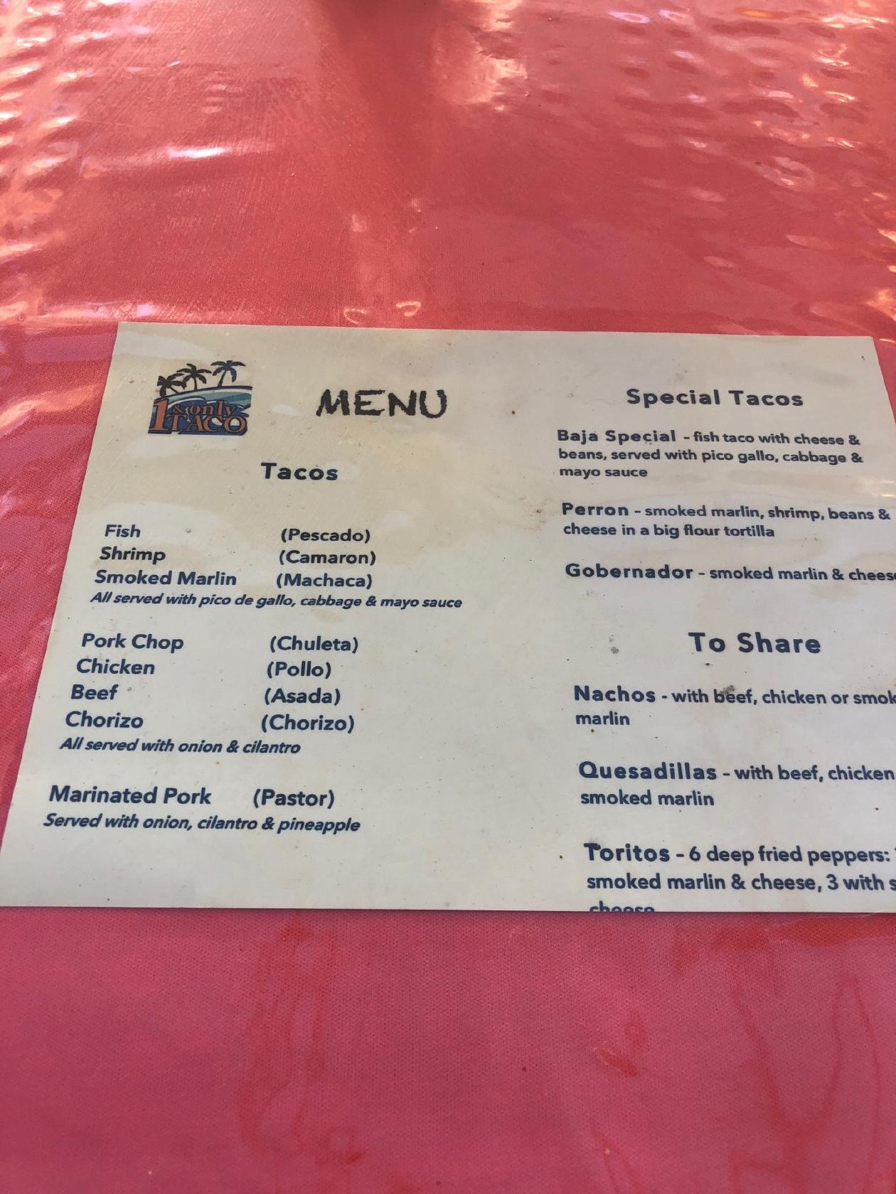 Menu at 1 & Only Taco restaurant, Cabo San Lucas