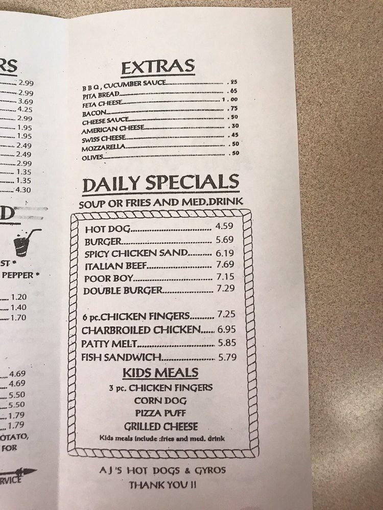 Menu at A J's Hot Dogs & Gyros restaurant, Crest Hill