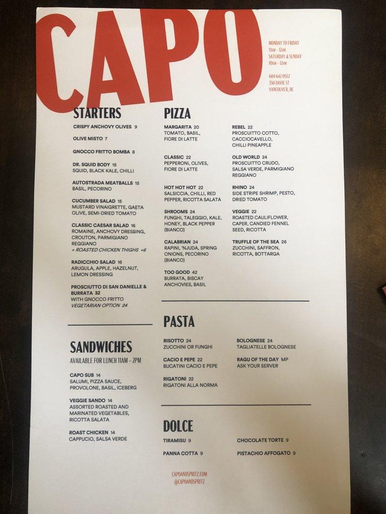 Menu at Capo & The Spritz pub & bar, Vancouver