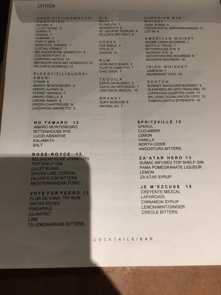 Menu at Citizen pub & bar, Ottawa